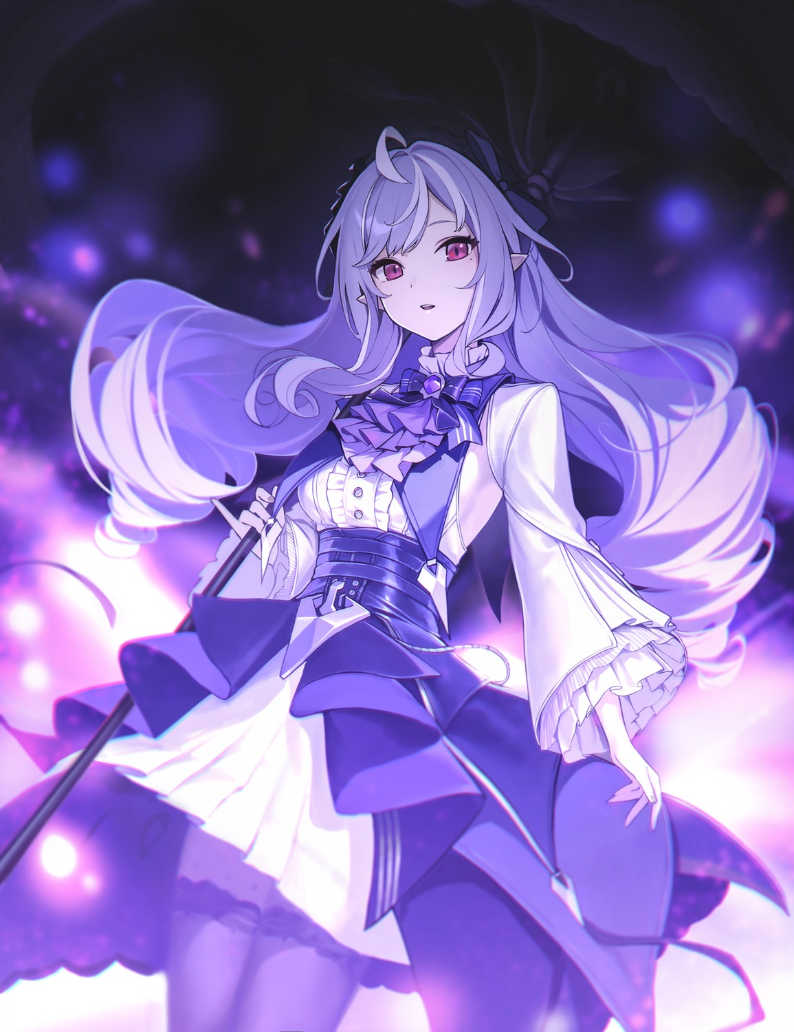 yohaku zenless zone zero vivian banshee dress no bra pointy ears skirt lift thighhighs umbrella ...